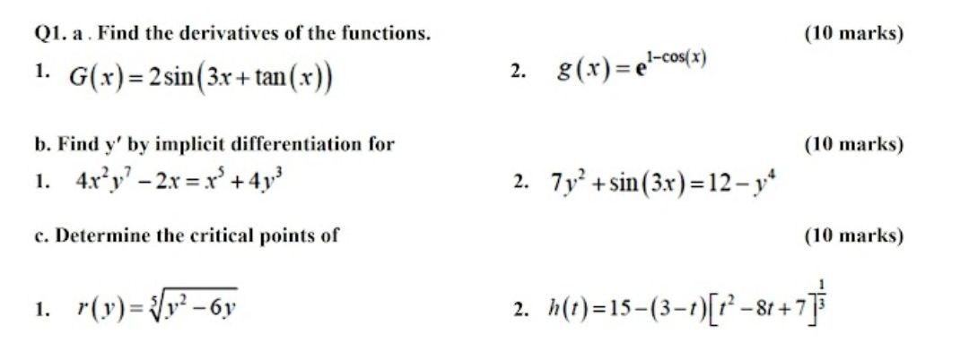 Solved (10 marks) Q1. a. Find the derivatives of the | Chegg.com