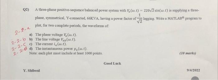 Q2) A three-phase positive-sequence balanced power | Chegg.com