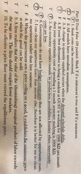 Solved Part II-True False (30 points): Mark T if a statement | Chegg.com