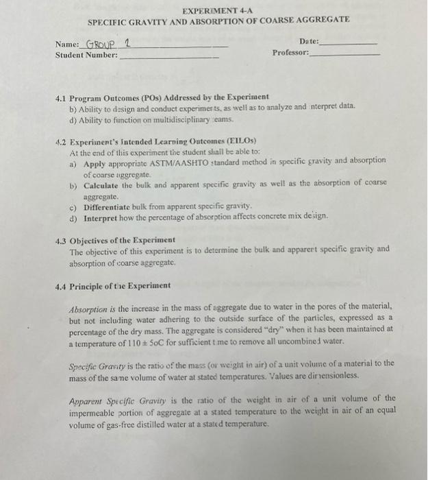 Solved EXPERTMENT 4-A SPECIFIC GRAVITY AND ABSORPTION OF | Chegg.com