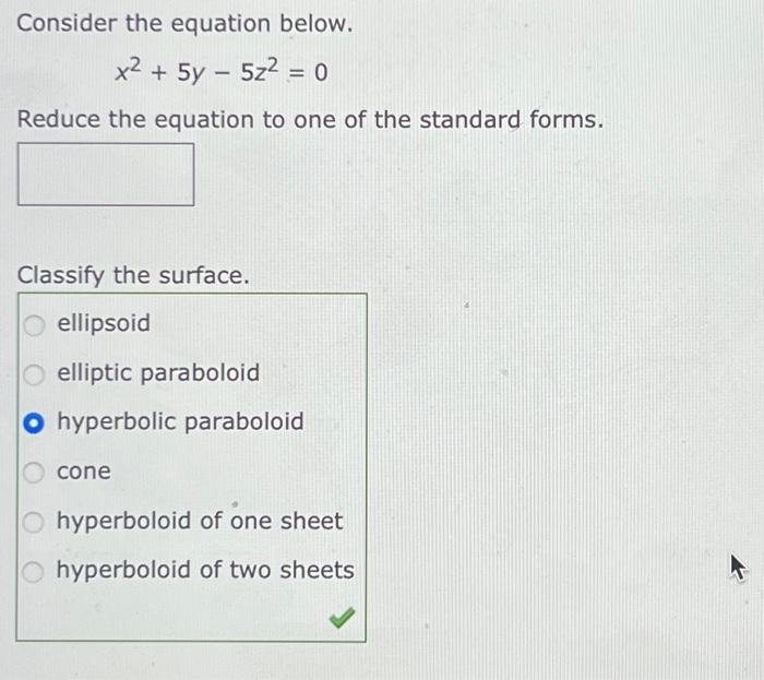 Solved Consider the equation below. x2+5y−5z2=0 Reduce the | Chegg.com