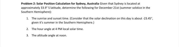 Solved Problem 2: Solar Position Calculation for Sydney, | Chegg.com