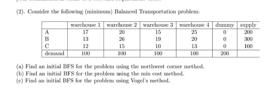 Solved (2). Consider the following (minimum) Balanced | Chegg.com