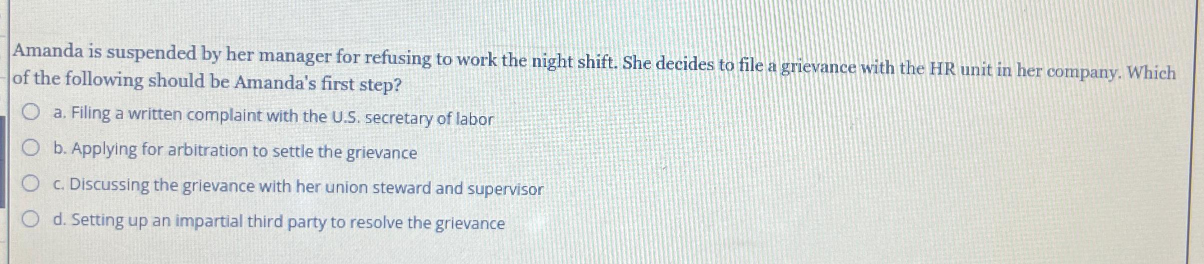 Solved Amanda is suspended by her manager for refusing to | Chegg.com