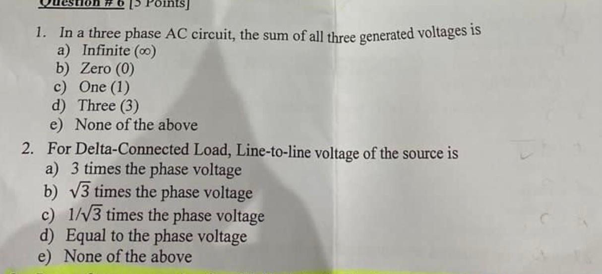Solved 1. In a three phase AC circuit, the sum of all three | Chegg.com
