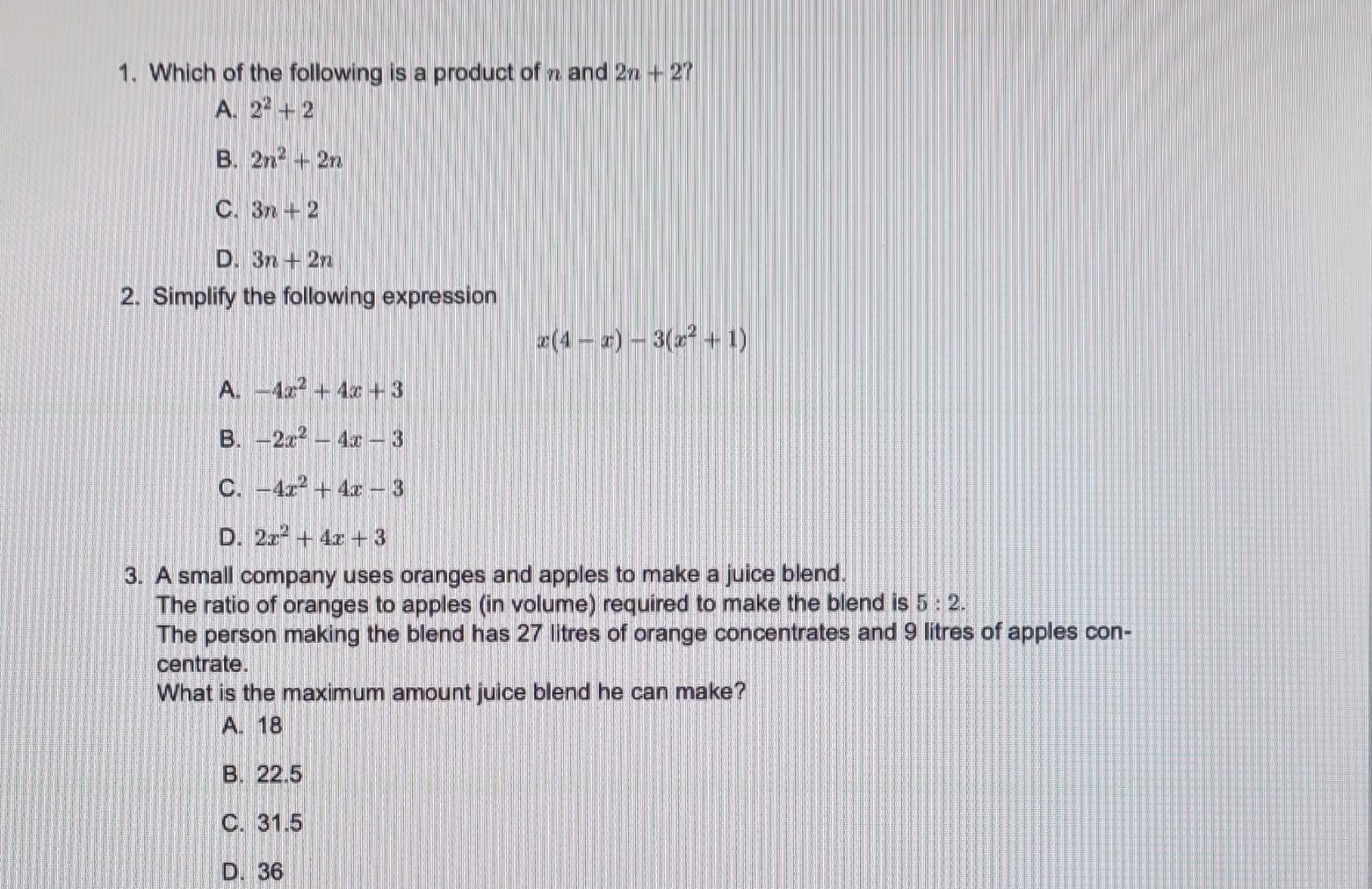 Solved 1. Which of the following is a product of n and 2n+2 | Chegg.com