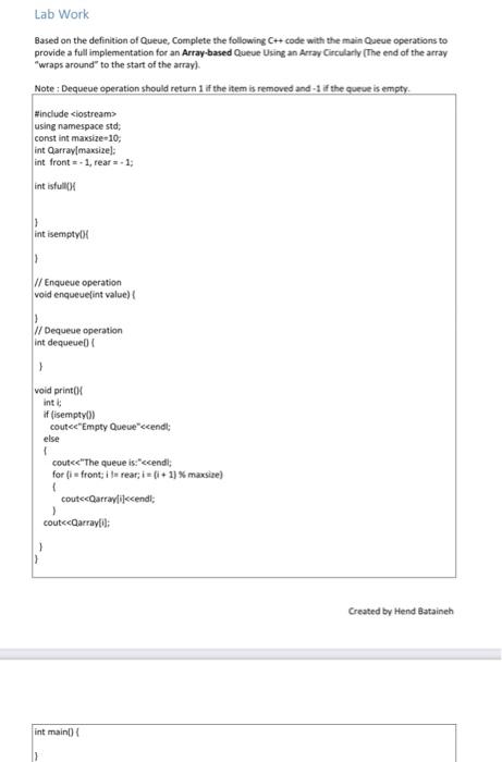 Solved Lab Work Based on the definition of Queue, Complete | Chegg.com