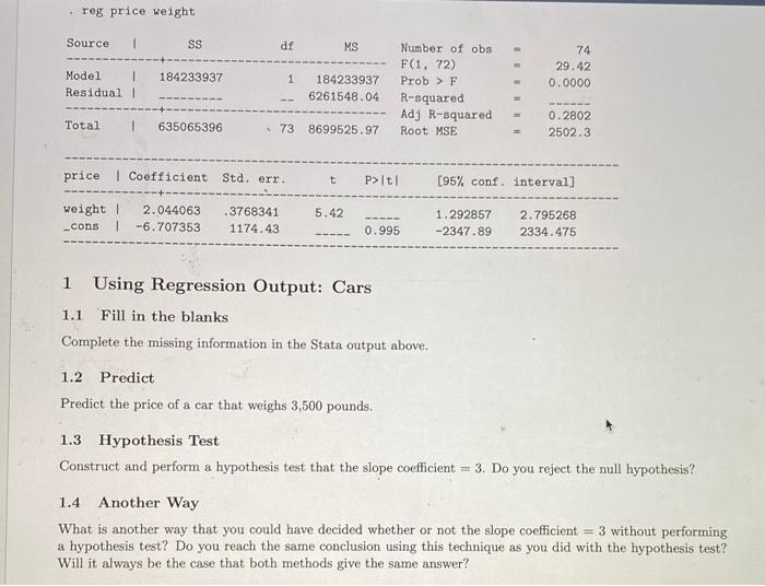 Solved 1 Using Regression Output: Cars 1.1 Fill in the | Chegg.com