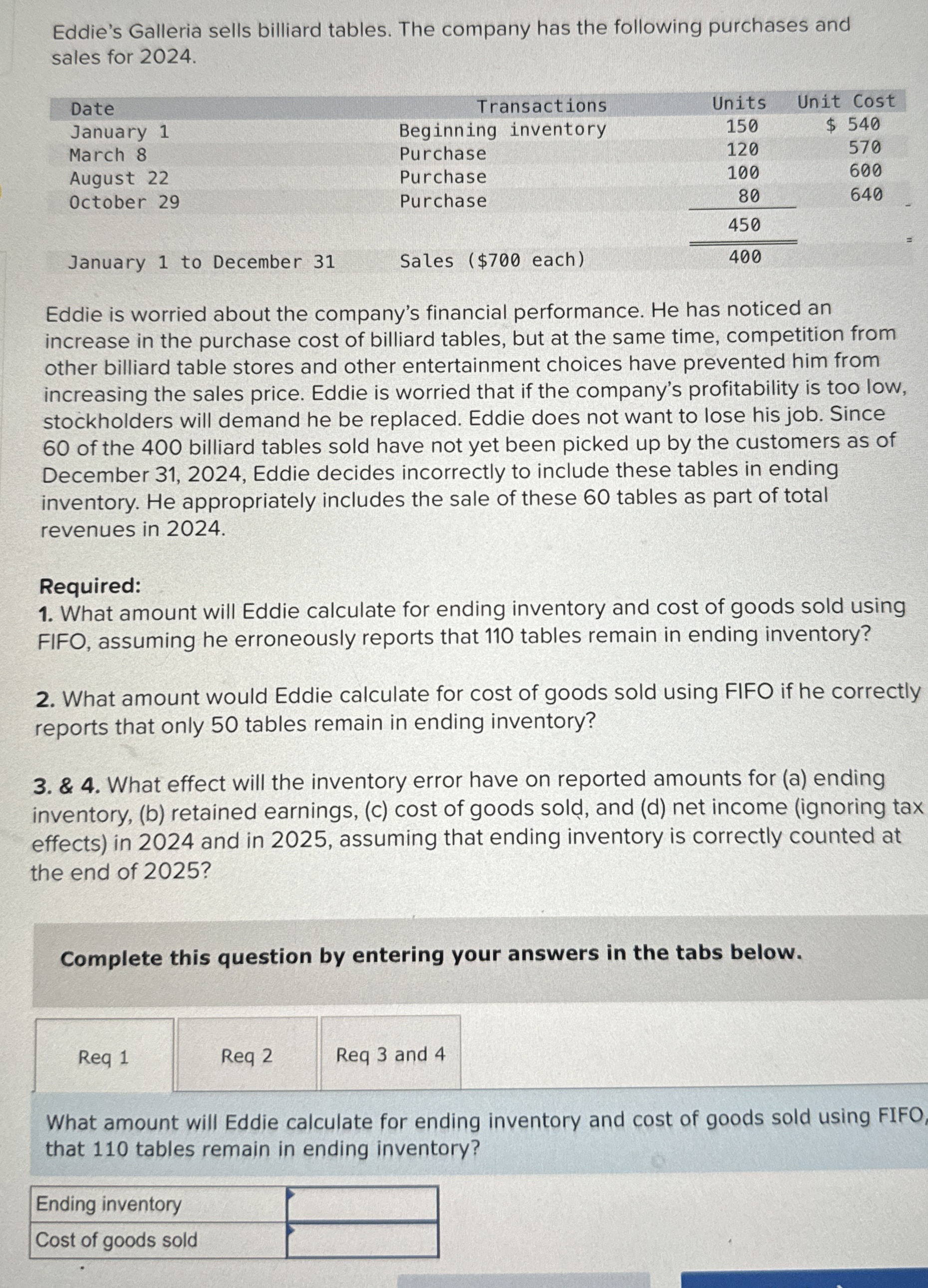 Solved Eddie's Galleria sells billiard tables. The company | Chegg.com