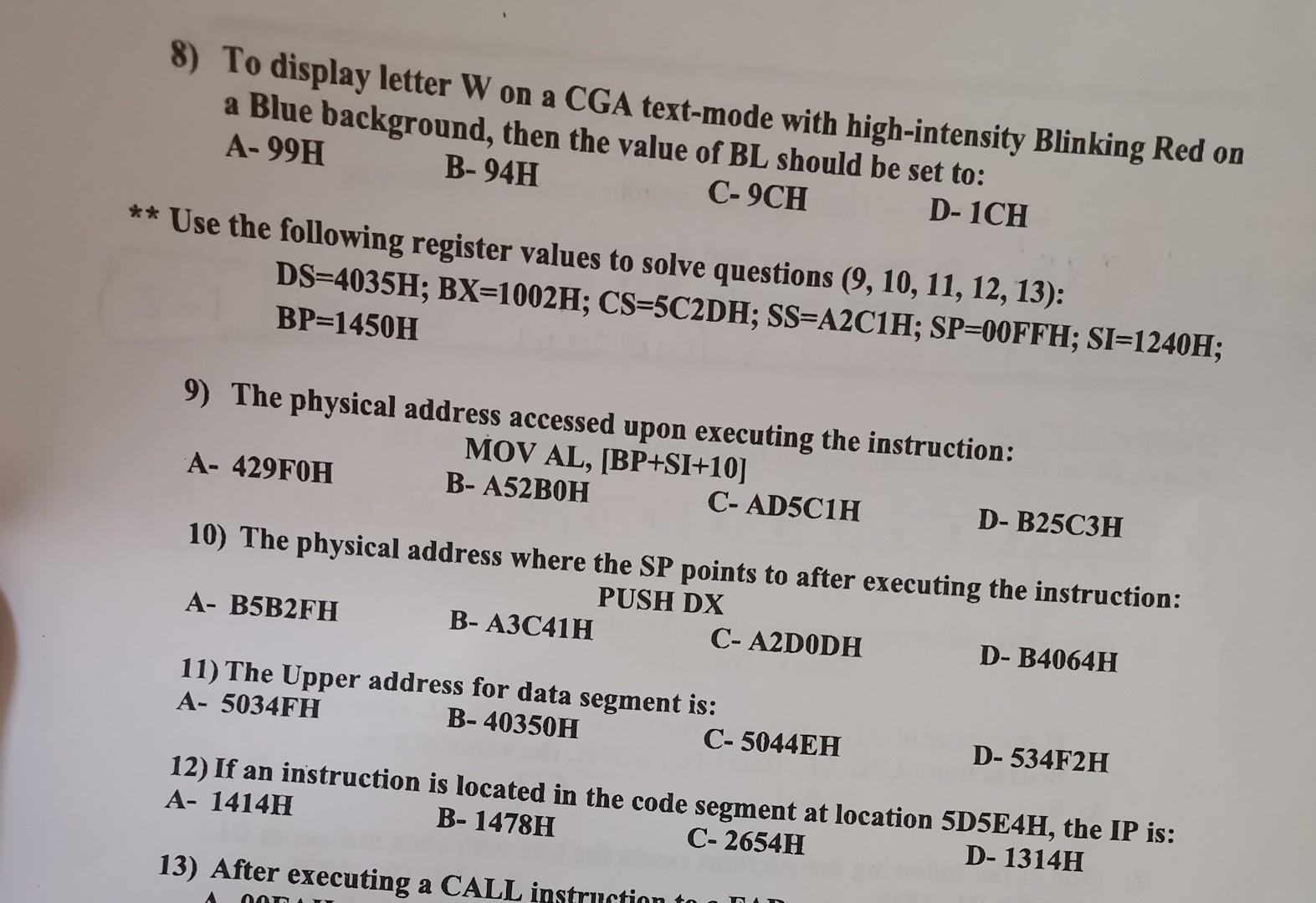 Solved 8) To display letter W on a CGA text-mode with | Chegg.com