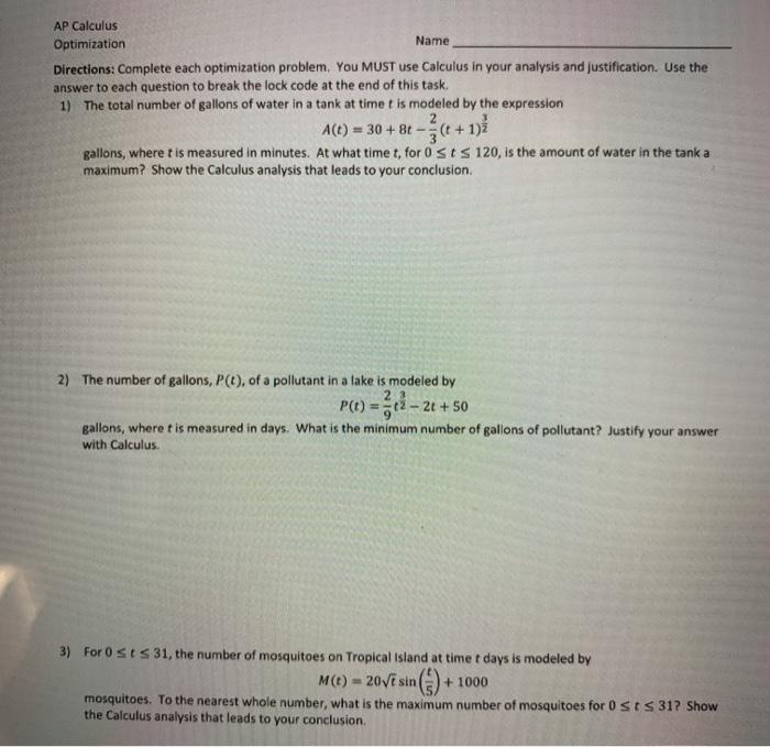 Solved AP Calculus Optimization Name Directions: Complete | Chegg.com