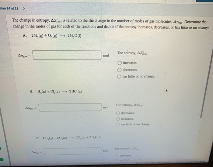 Solved Elon 14 of 21 > The change in entropy, ASix, is | Chegg.com