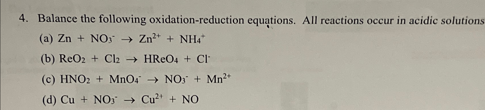 Solved Balance the following oxidation-reduction equations. | Chegg.com