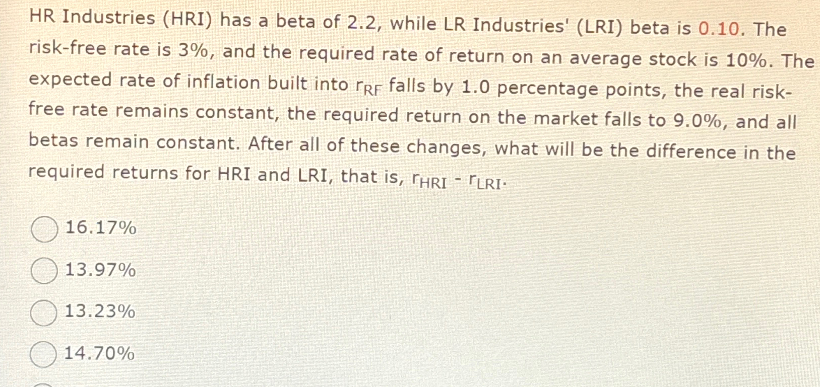 Solved HR Industries (HRI) ﻿has a beta of 2.2, ﻿while LR | Chegg.com