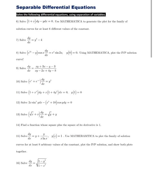 Solved Separable Differential Equations Solve the following | Chegg.com