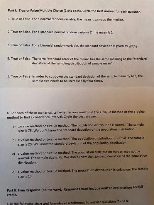 Solved Part I. True or False/Multiple Choice (2 pts each). | Chegg.com