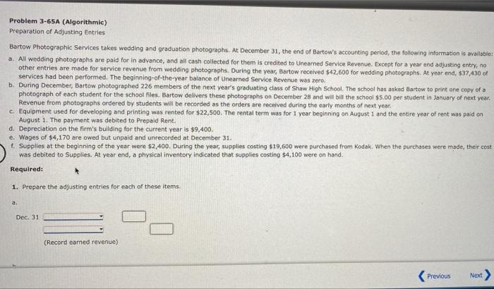 Solved Problem 3-65A (Algorithmic) Preparation of Adjusting | Chegg.com