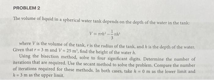 Solved The volume of liquid in a spherical water tank | Chegg.com