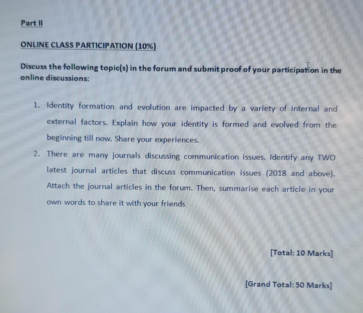 ONLINE CLASS PARTICIPATION (10%) Discuss the | Chegg.com