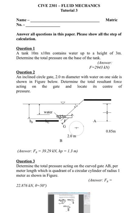 Solved CIVE 2301 - FLUID MECHANICS Tutorial 3 Matric Name- | Chegg.com