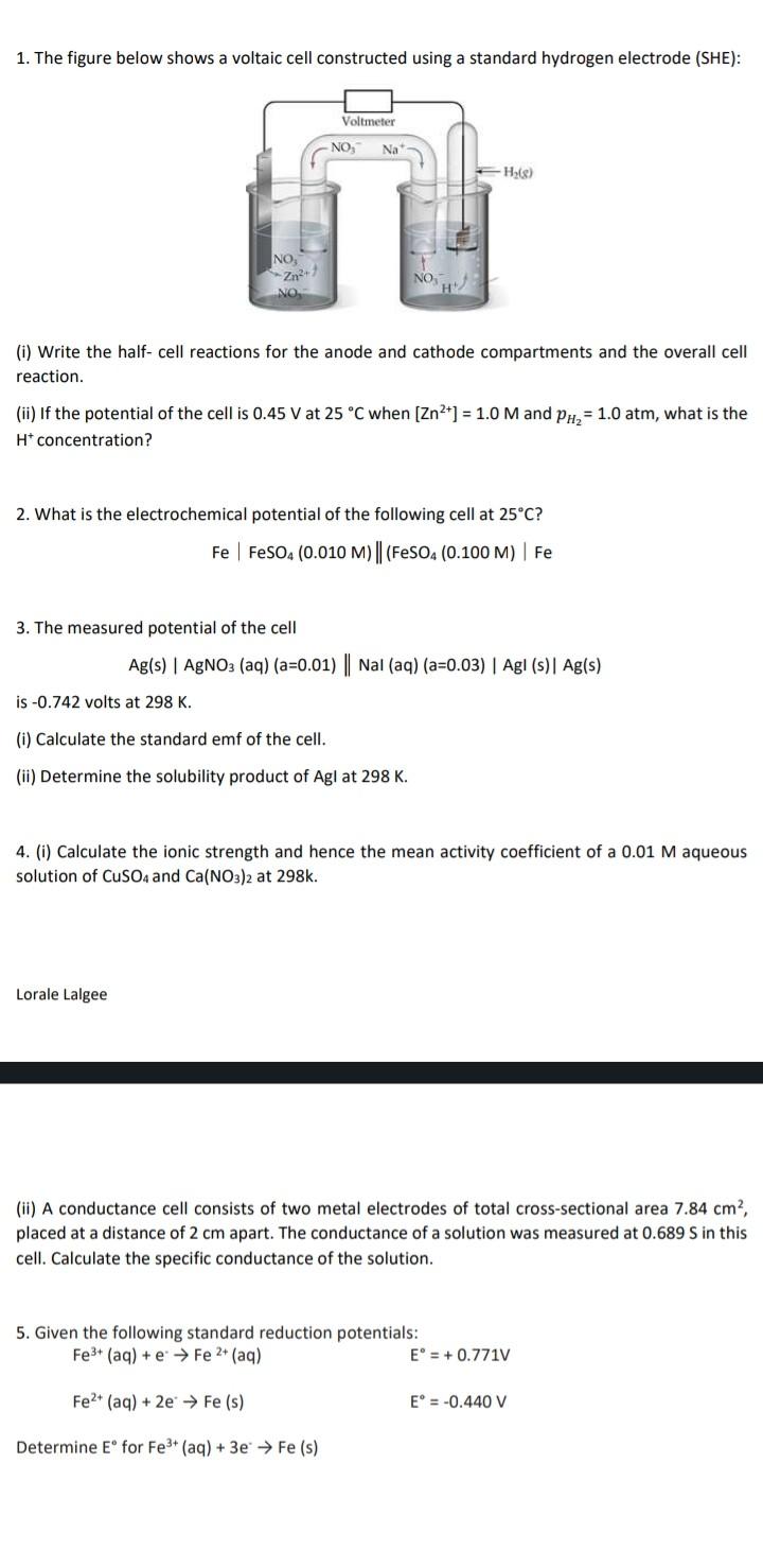Solved 1. The figure below shows a voltaic cell constructed | Chegg.com