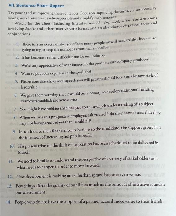VII. Sentence Fixer-Uppers Try your hand at improving | Chegg.com