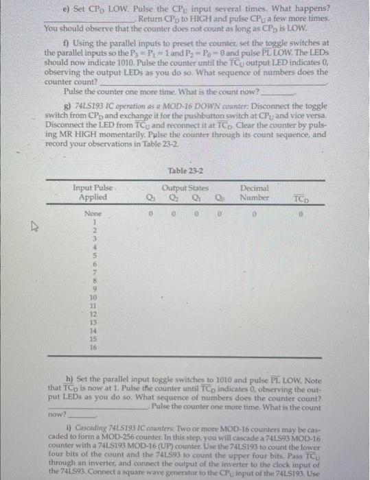 e) Set CPD LOW. Pulse the CPU input several times. | Chegg.com