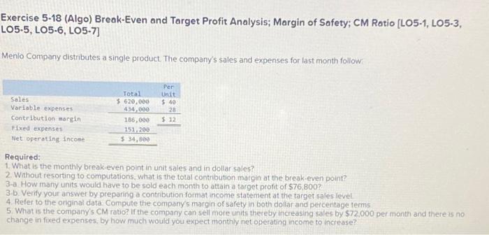 Solved Exercise 5-18 (Algo) Break-Even and Target Profit | Chegg.com