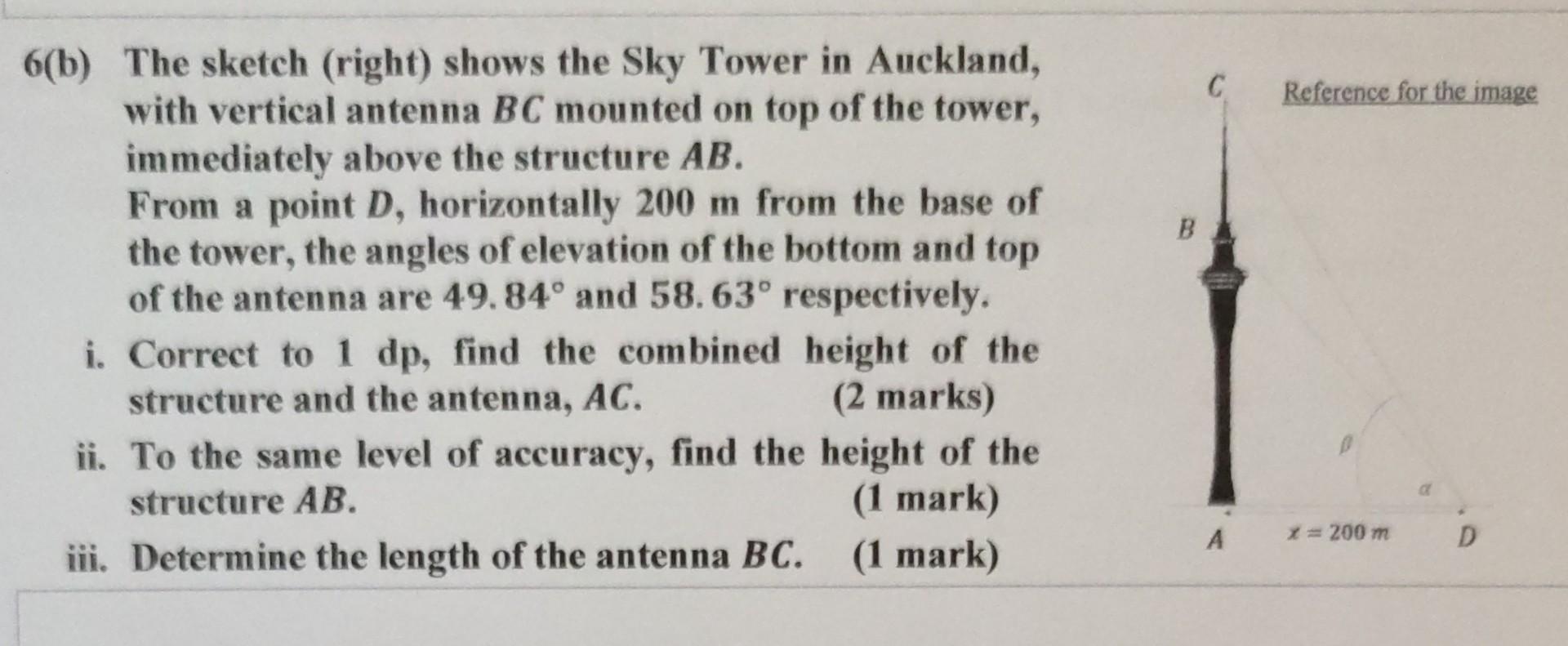 Solved 6(b) The sketch (right) shows the Sky Tower in | Chegg.com
