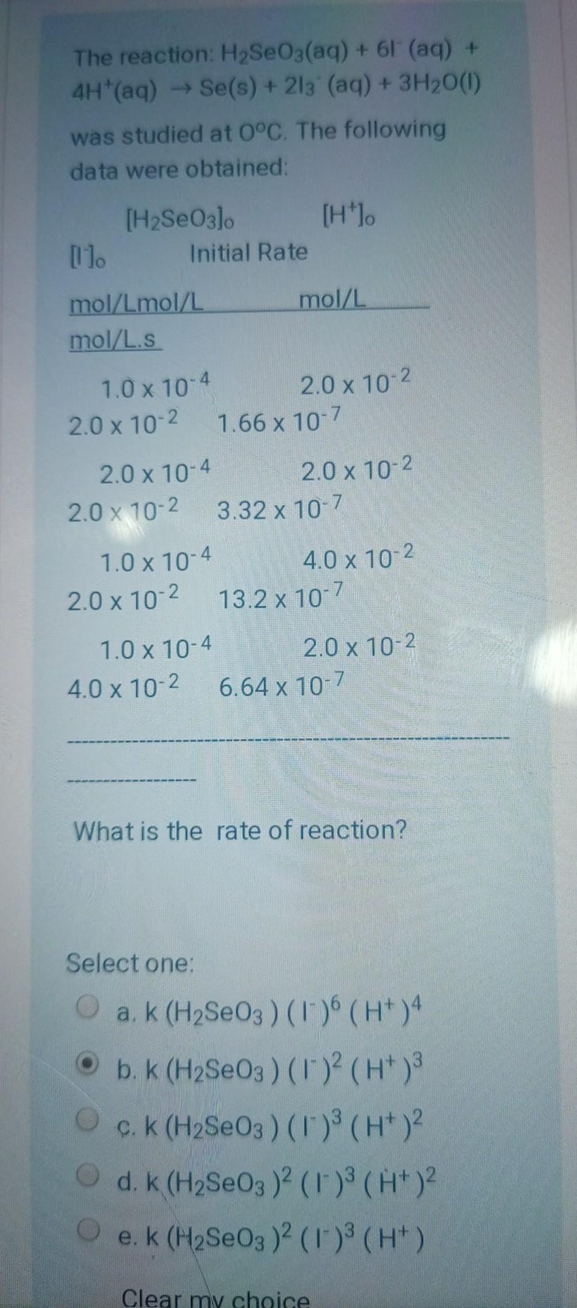 Solved The reaction: H2SeO3(aq) + 61 (aq) + 4H(aq) + Se(s) + | Chegg.com