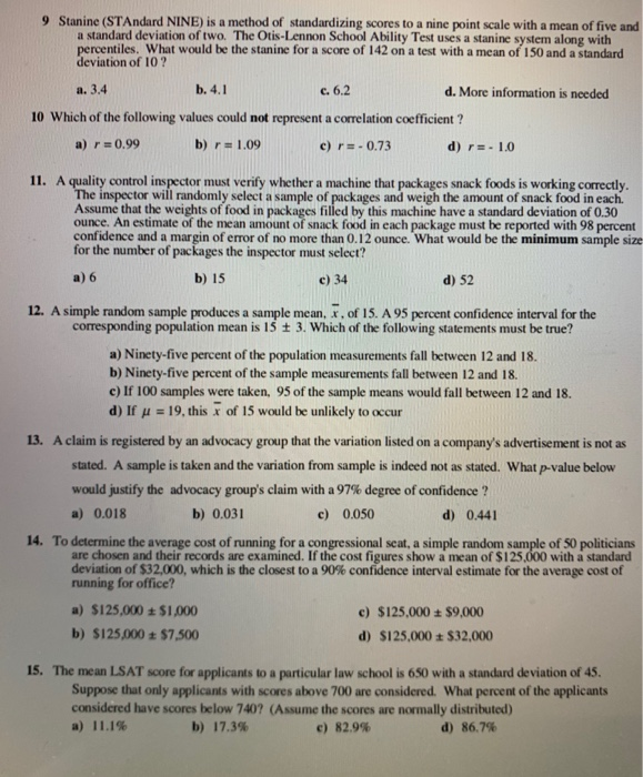 Solved 9 Stanine (STAndard NINE) is a method of | Chegg.com