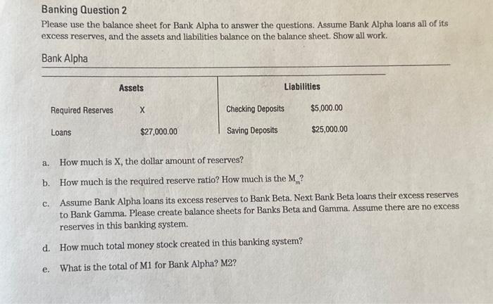 Solved Banking Question 2 Please use the balance sheet for | Chegg.com