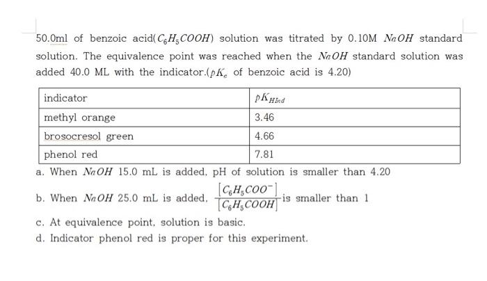 Solved 500ml Of Benzoic Acidchcooh Solution Was Titrated
