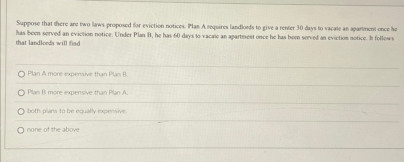 Solved Suppose that there are two laws proposed for eviction | Chegg.com