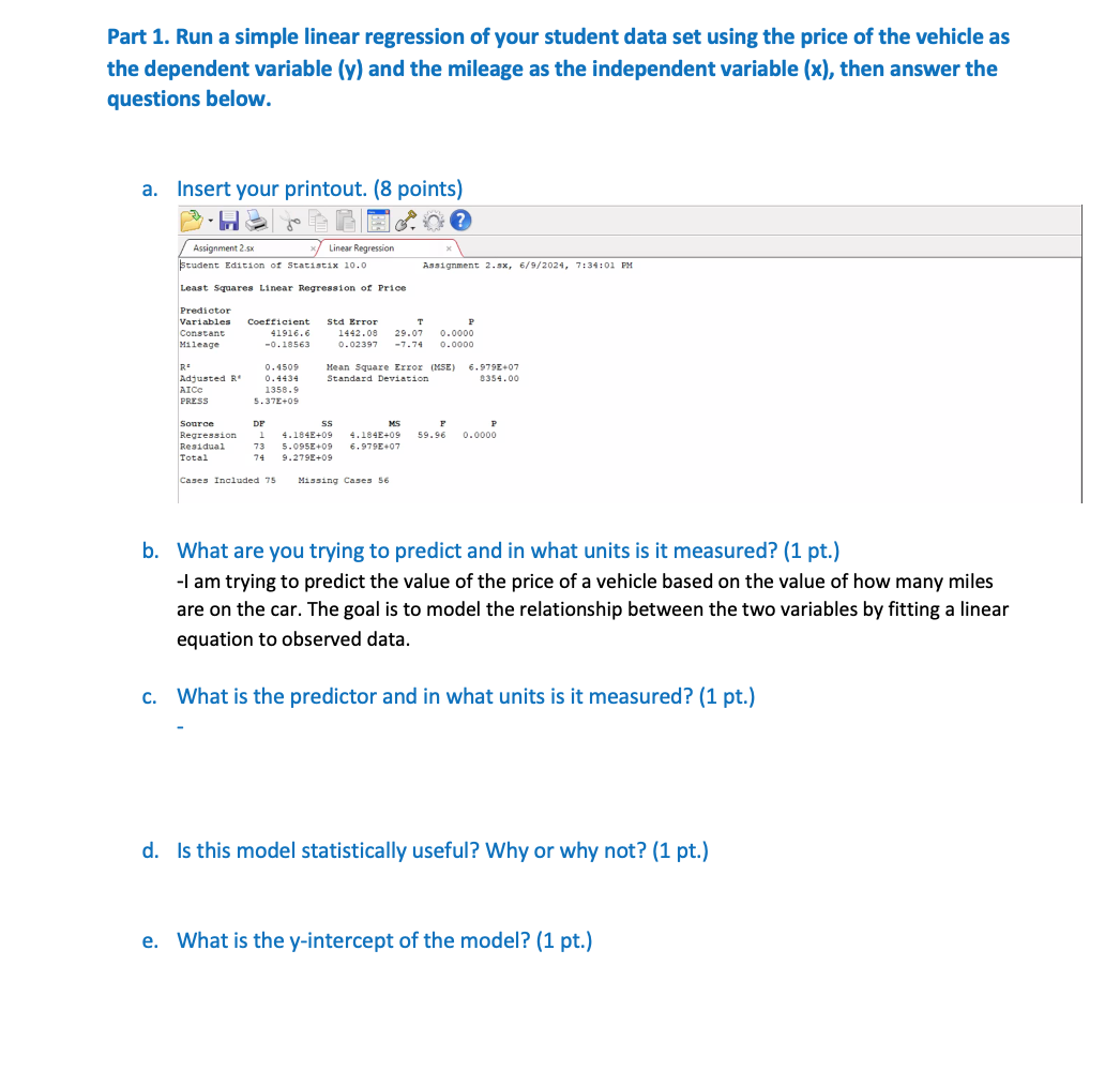 Solved Part 1. ﻿Run a simple linear regression of your | Chegg.com