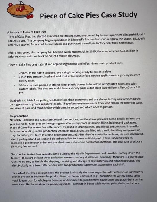 Solved Piece of Cake Pies Case Study A history of Piece of | Chegg.com
