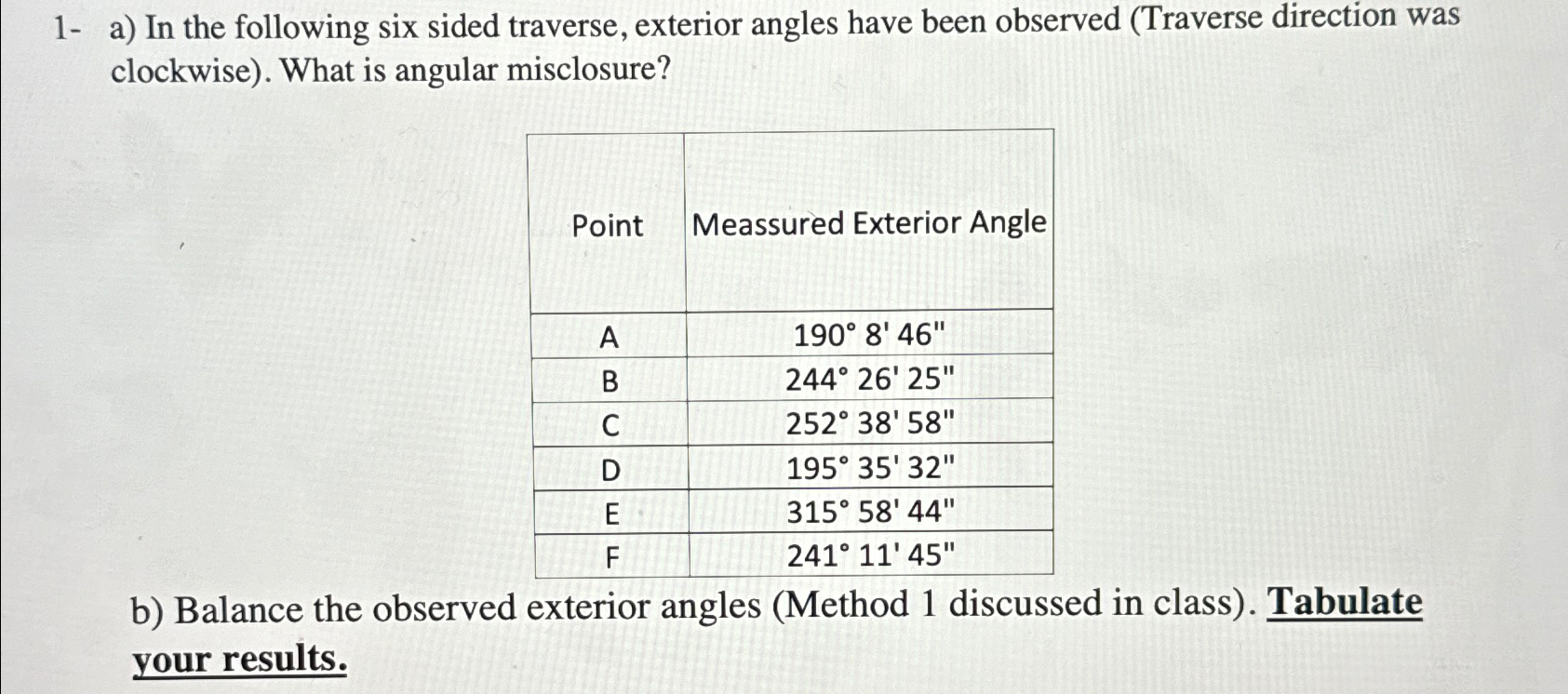 Solved 1- ﻿a) ﻿In the following six sided traverse, exterior | Chegg.com