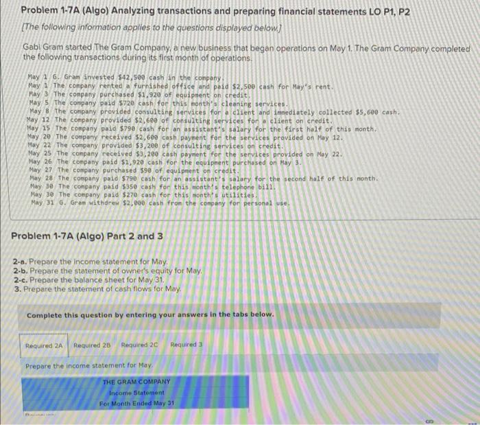 Solved Problem 1-7A (Algo) Analyzing transactions and | Chegg.com