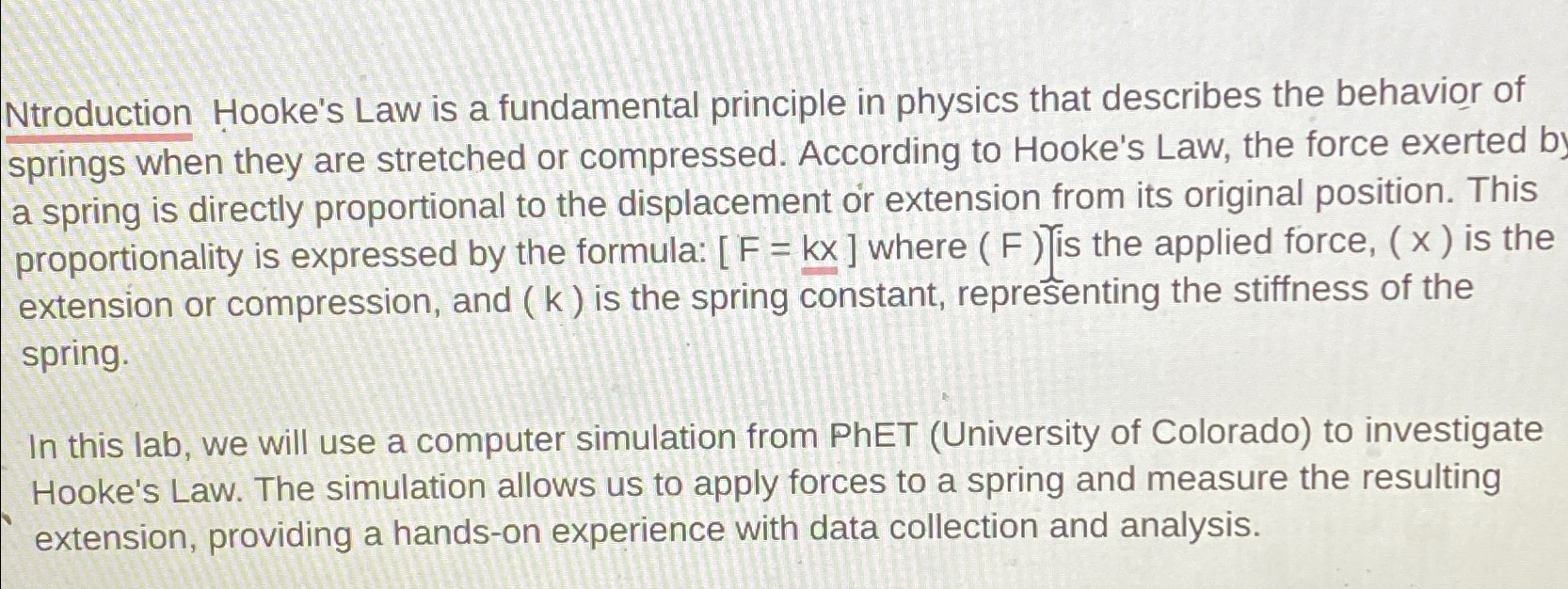 Solved Ntroduction Hooke's Law is a fundamental principle in | Chegg.com