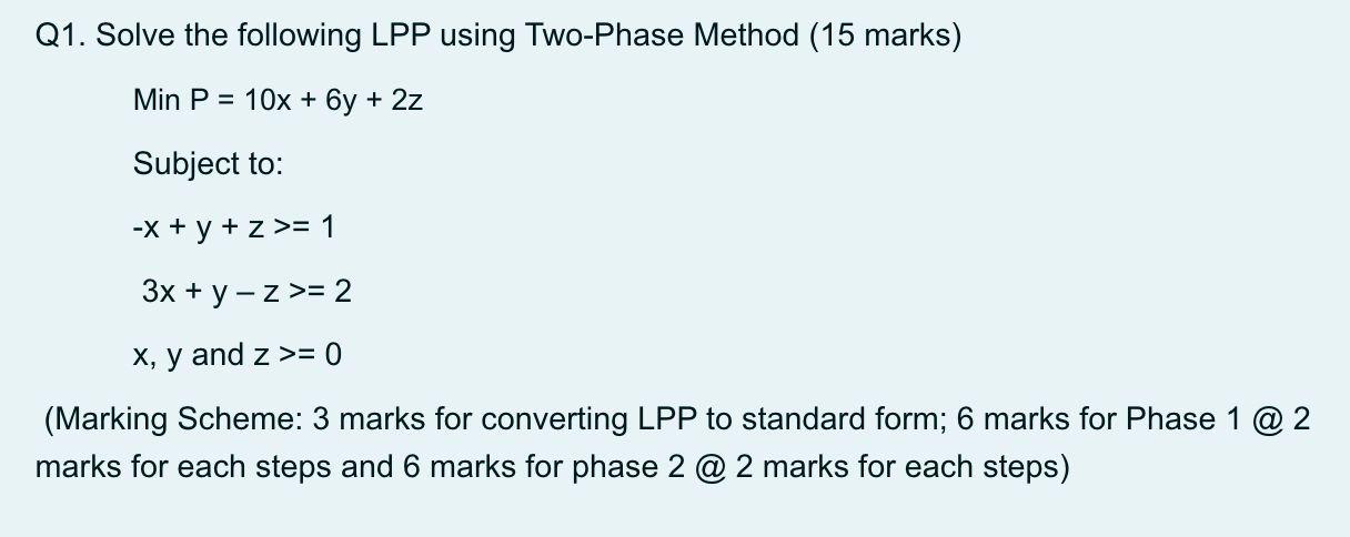 Solved Q1. Solve the following LPP using Two-Phase Method | Chegg.com