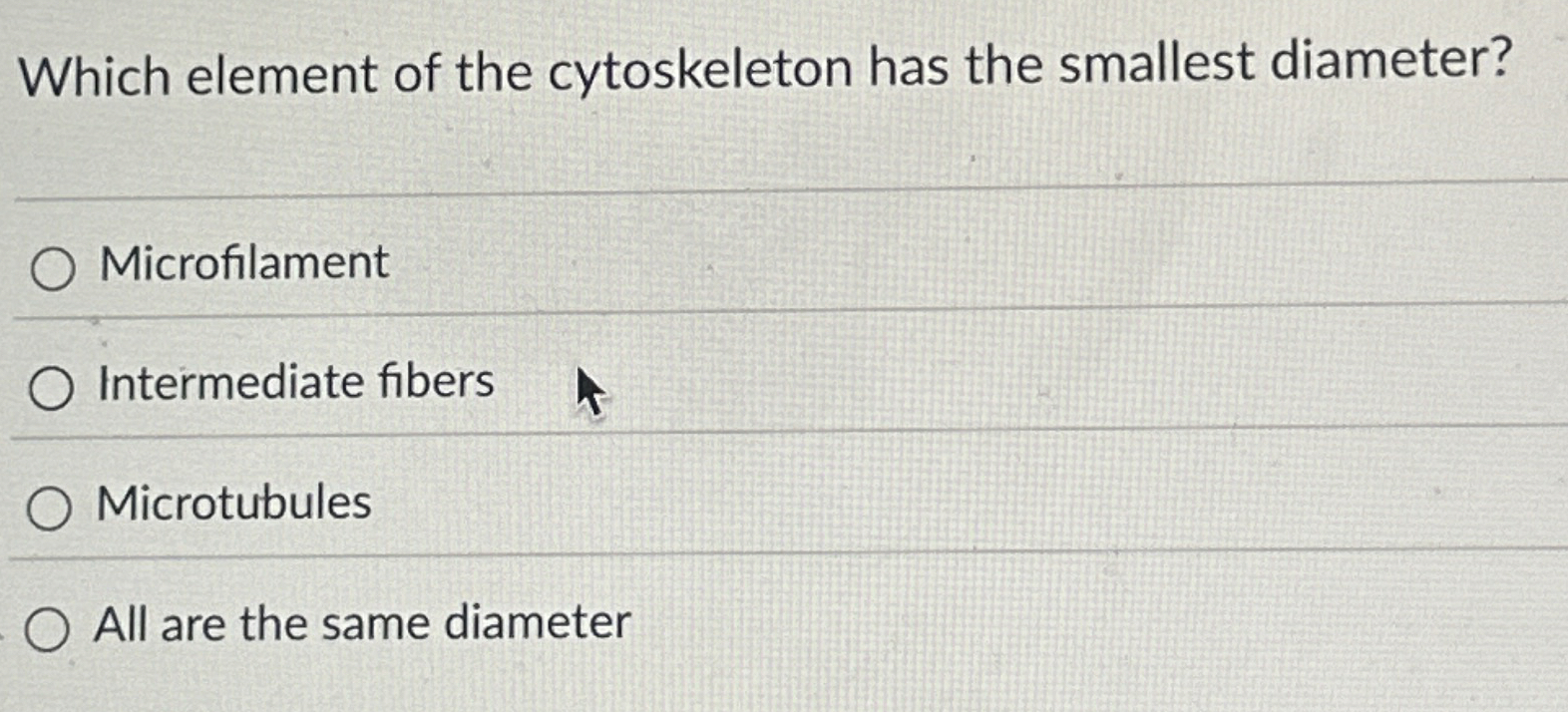 Solved Which element of the cytoskeleton has the smallest | Chegg.com