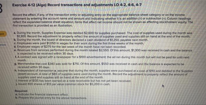 Solved Exercise 4-12 (Algo) Record transactions and | Chegg.com