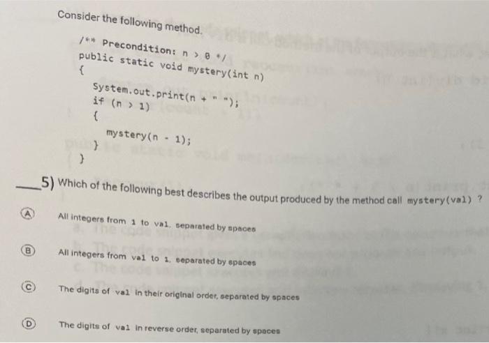 Solved Consider the following method **Preconditions public | Chegg.com