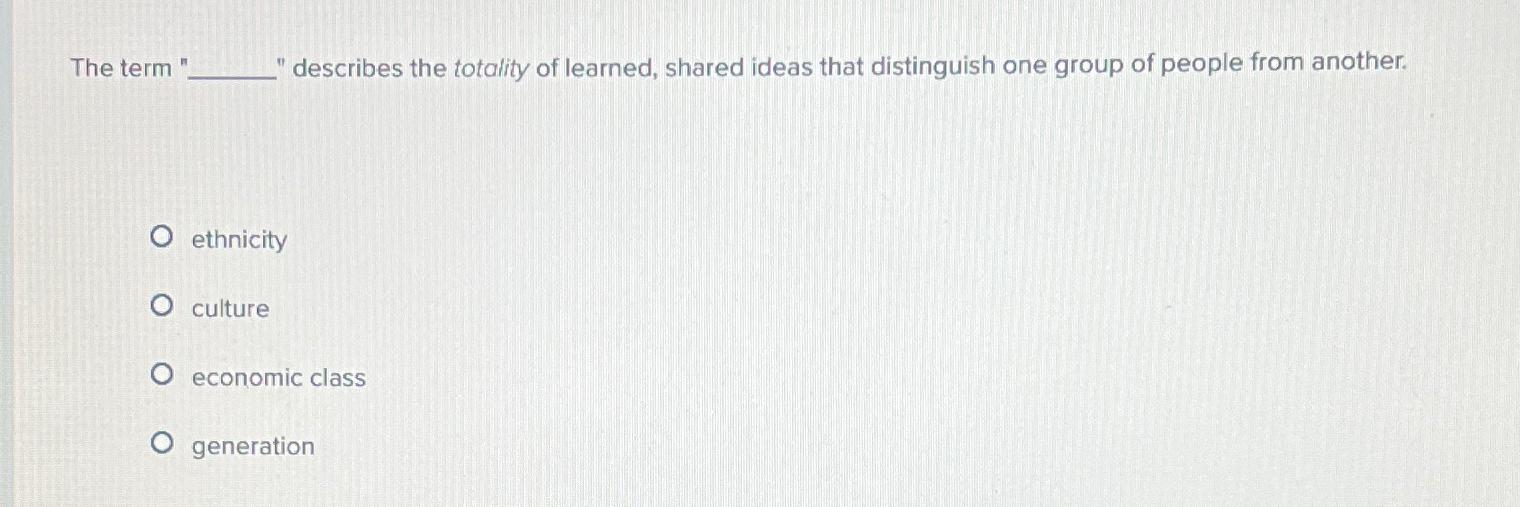 Solved The term ' ﻿describes the totality of learned, shared | Chegg.com