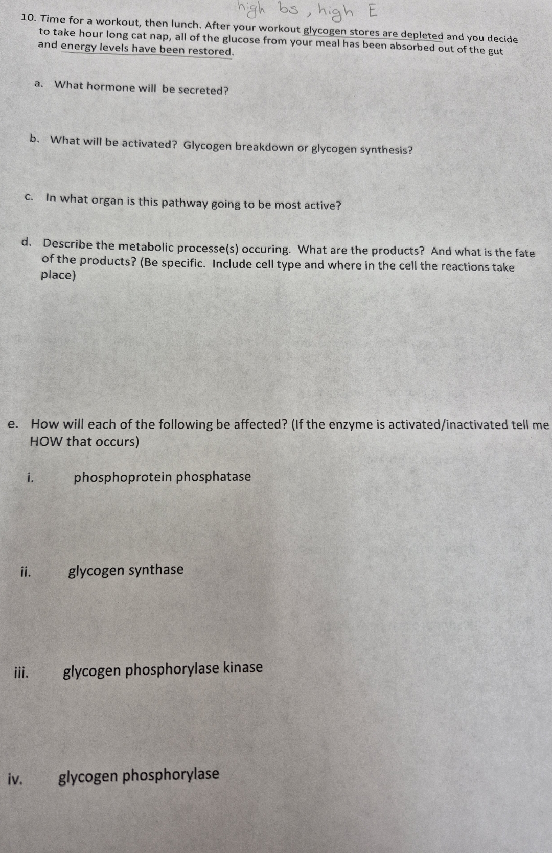 Solved high bs, ﻿high E10. ﻿Time for a workout, then lunch. | Chegg.com