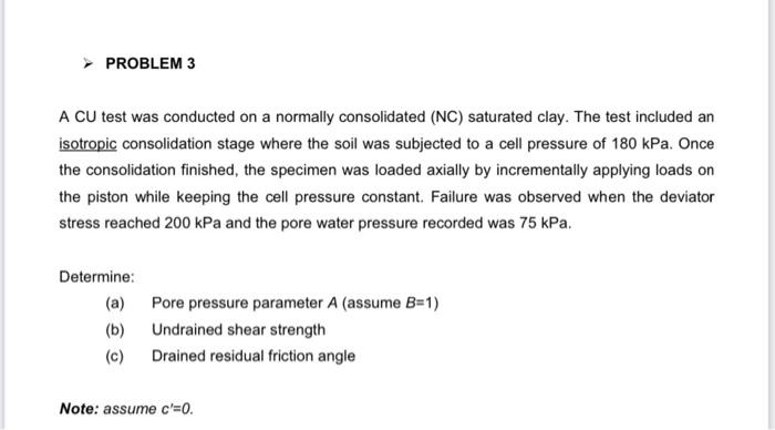 Solved PROBLEM 3 A CU test was conducted on a normally | Chegg.com