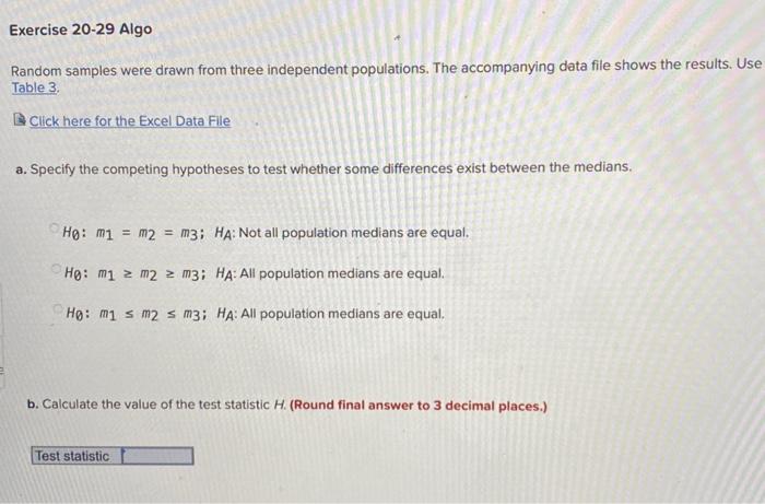 Solved Random samples were drawn from three independent | Chegg.com