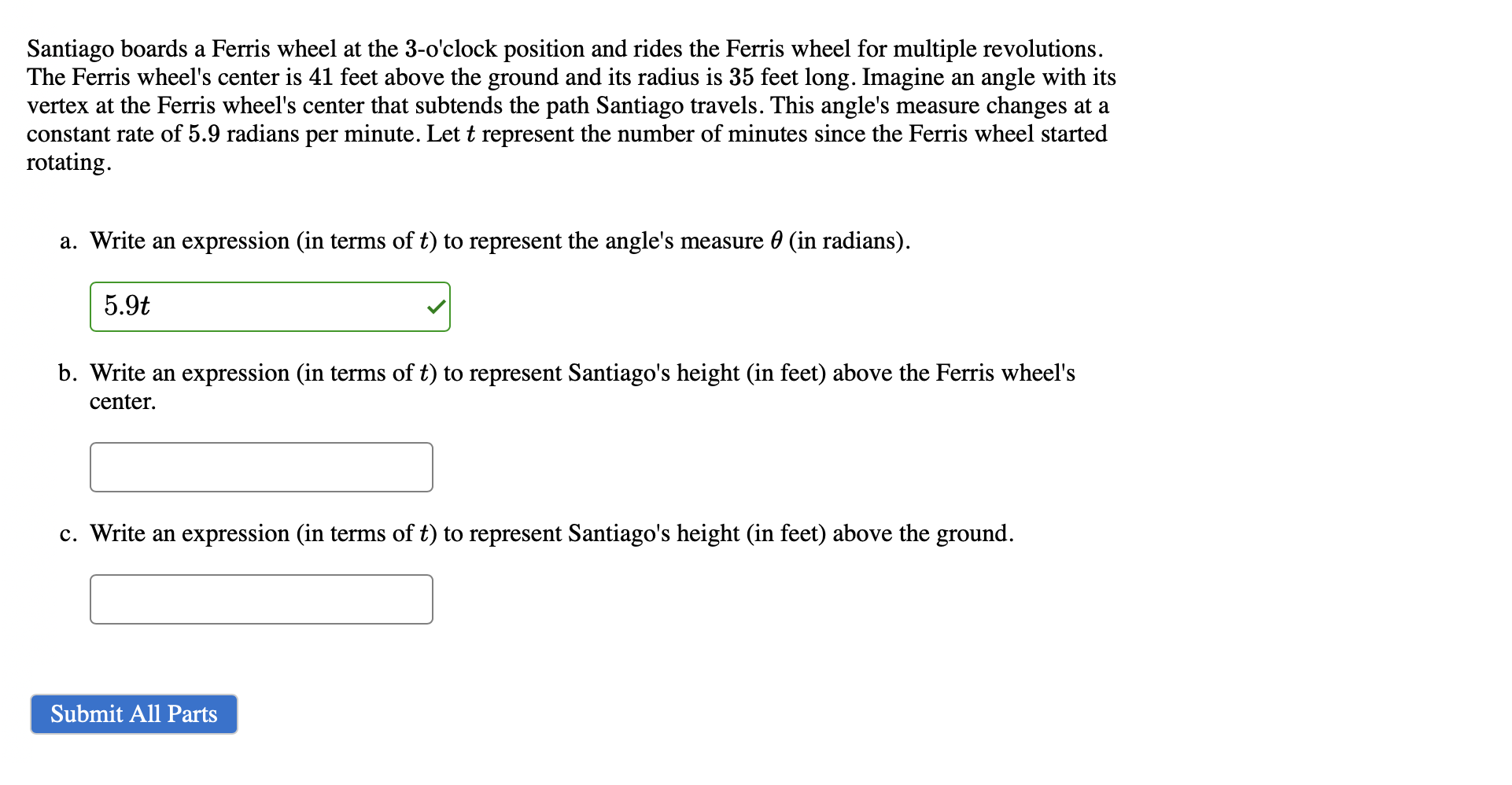 Solved Santiago boards a Ferris wheel at the 3 -o'clock | Chegg.com
