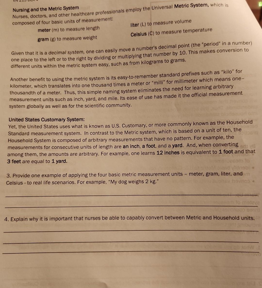 Solved Nursing and the Metric System Nurses, doctors, and | Chegg.com