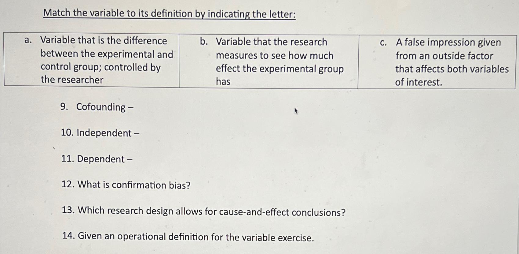 Solved Match the variable to its definition by indicating | Chegg.com